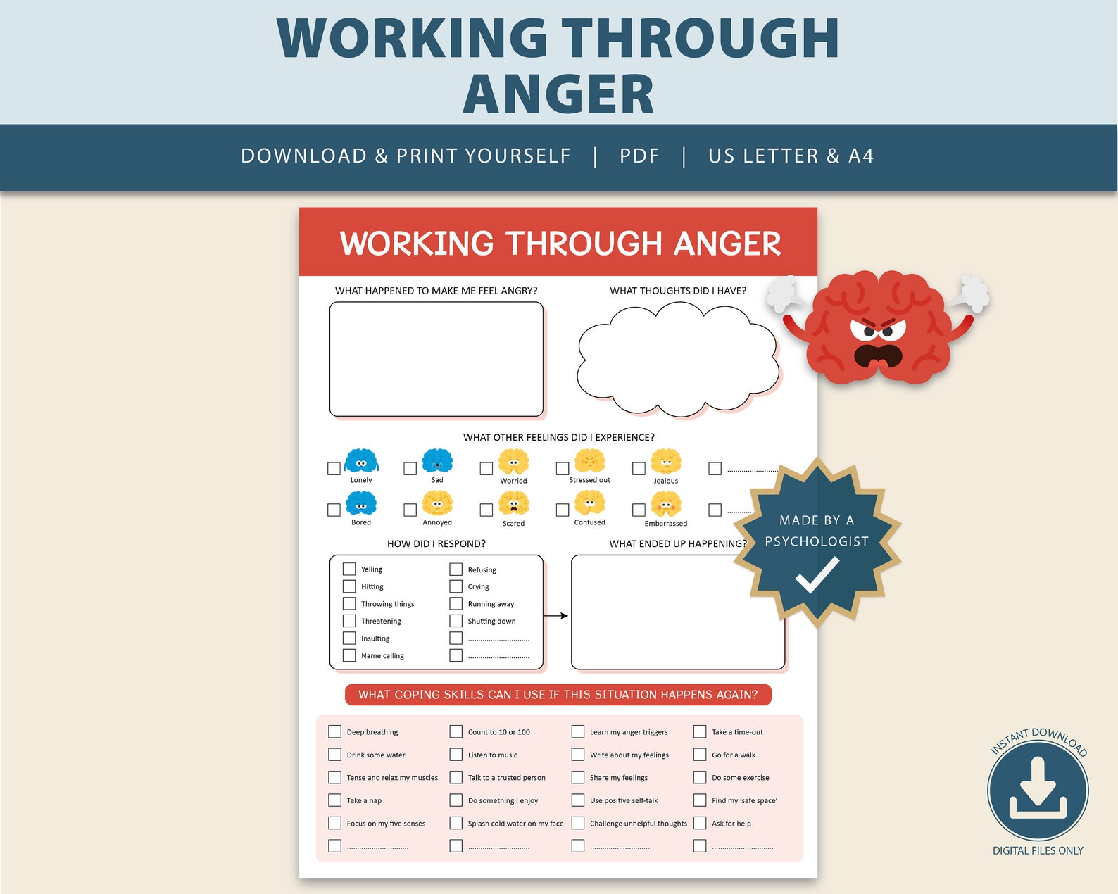 Anger Management 18 Printable Pages, Coping Skills Bundle, CBT ...