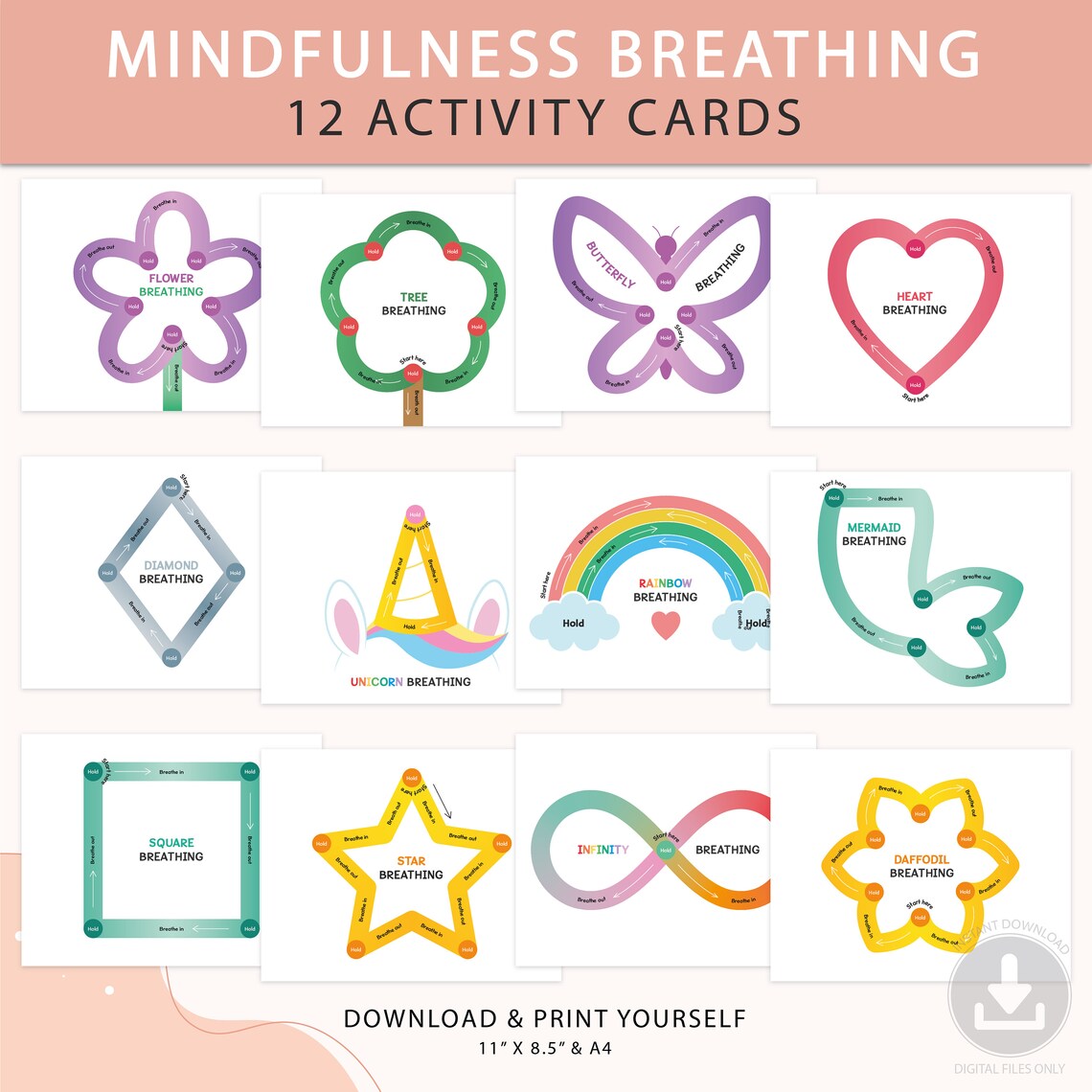 Mindfulness Breathing Exercises for Kids, Finger Tracing Cards, Calm ...