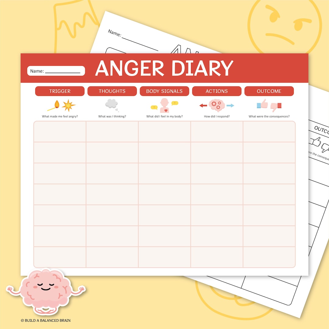 Anger Diary Fillable Worksheet, Emotional Regulation, Anger Management ...