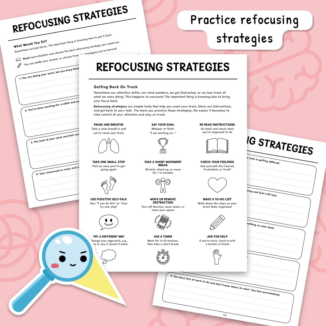 Refocusing Strategies Worksheets, ADHD Focus Activities, Concentration ...