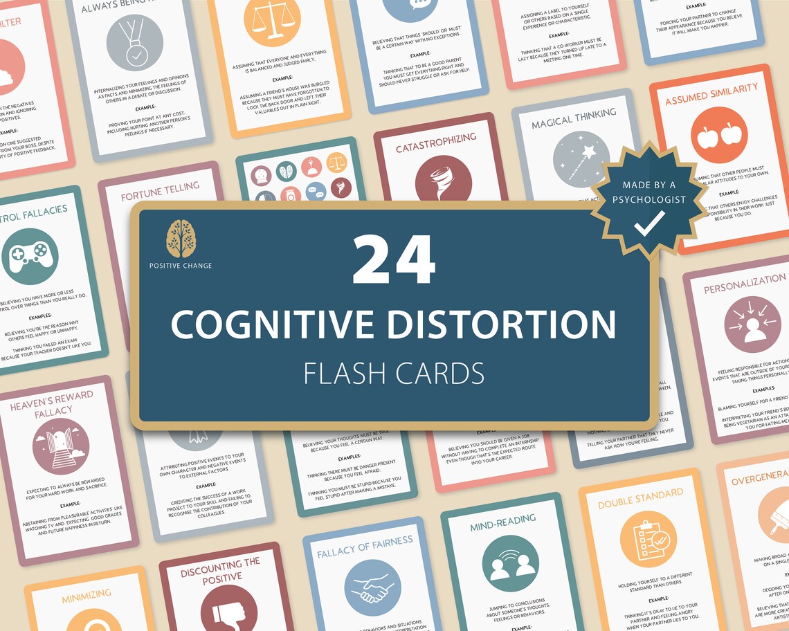 Cognitive Distortions Flash Cards, Unhelpful Thinking Cards, Thinking ...
