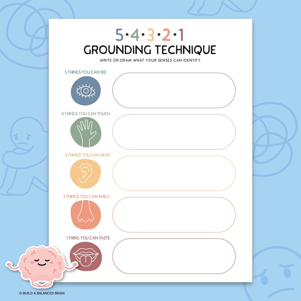 54321 Grounding Technique Print, Grounding Exercises, 5 Senses ...