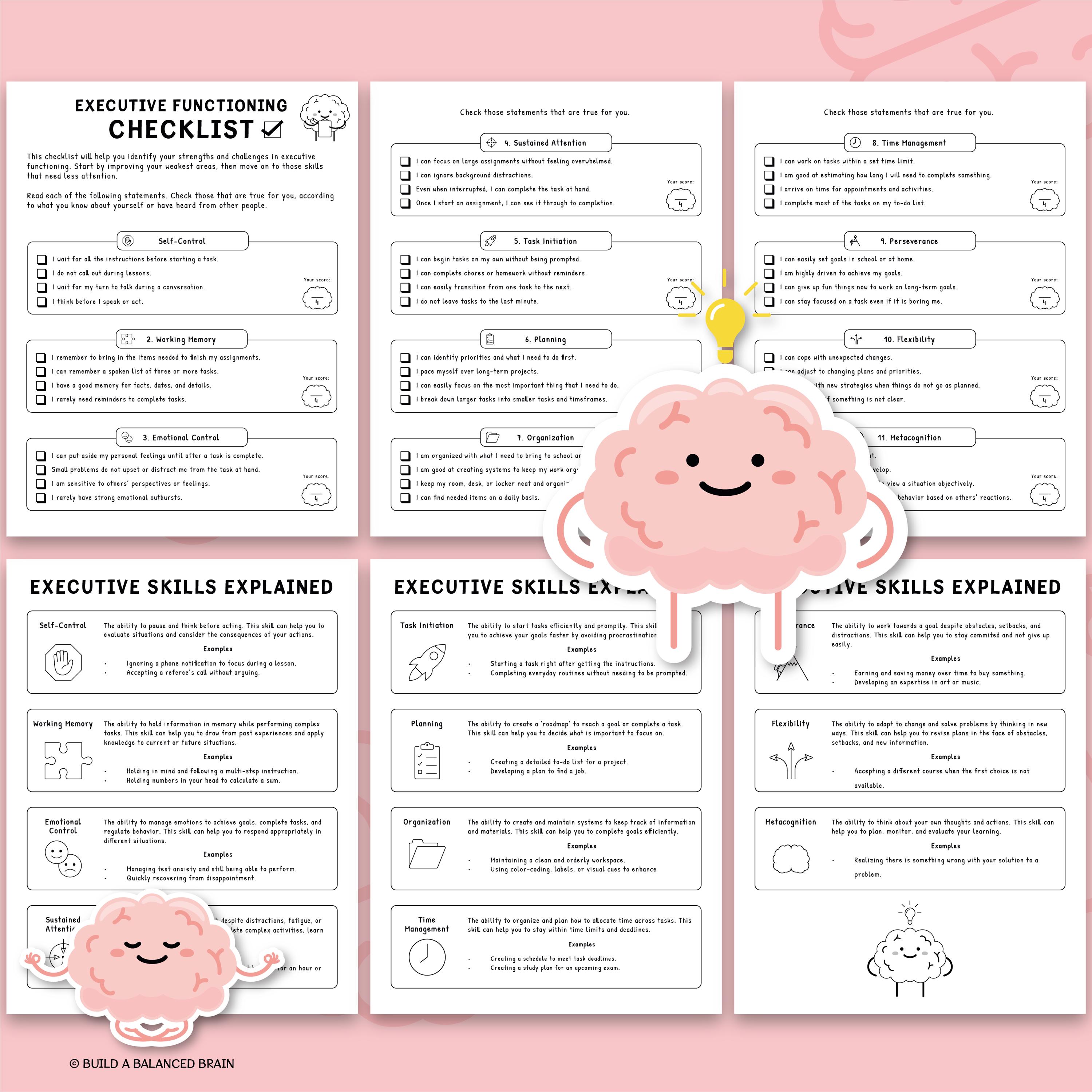 Executive Functioning Skills Cheat Sheet, Executive Function Checklist, Reference Guide and Self ...