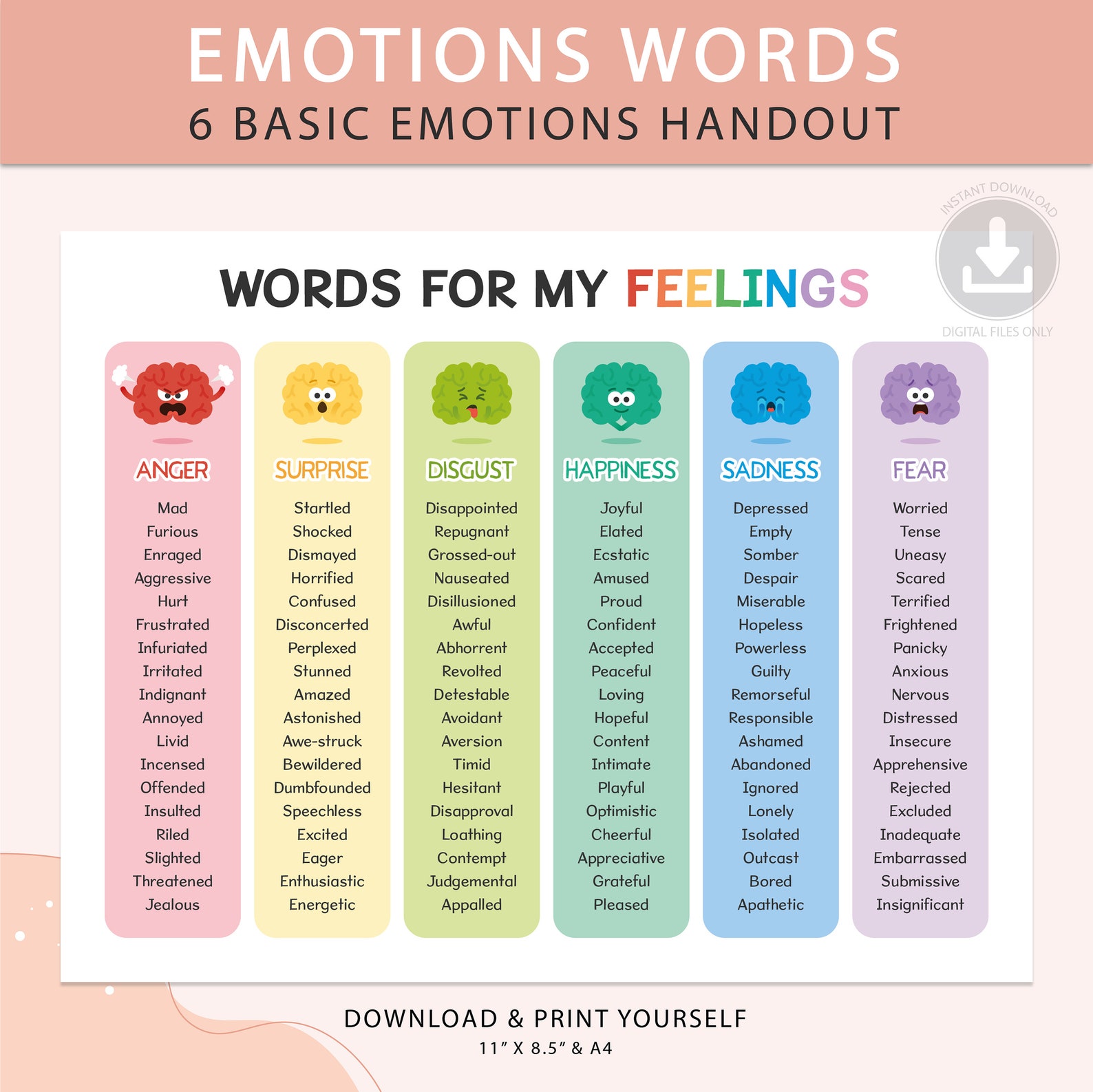 Words for My Feelings Poster, Emotions Words Handout, Social Emotional ...
