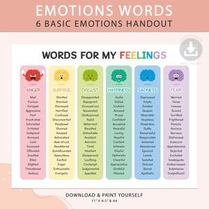 Words for My Feelings Poster, Emotions Words Handout, Social Emotional ...