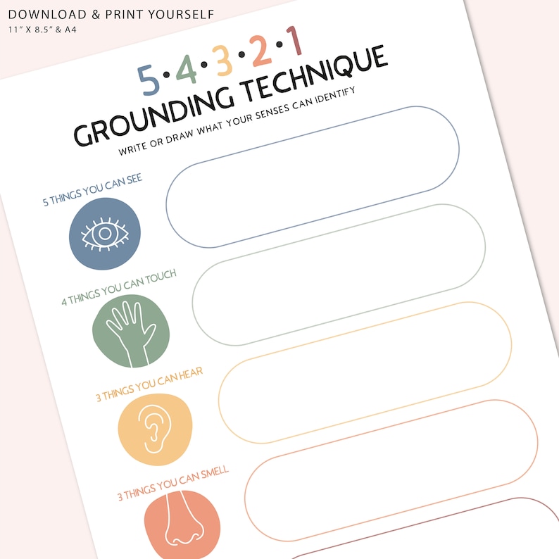 54321 Grounding Worksheet, 54321 Grounding Technique, 5 Senses Mindfulness Exercise, Mental ...