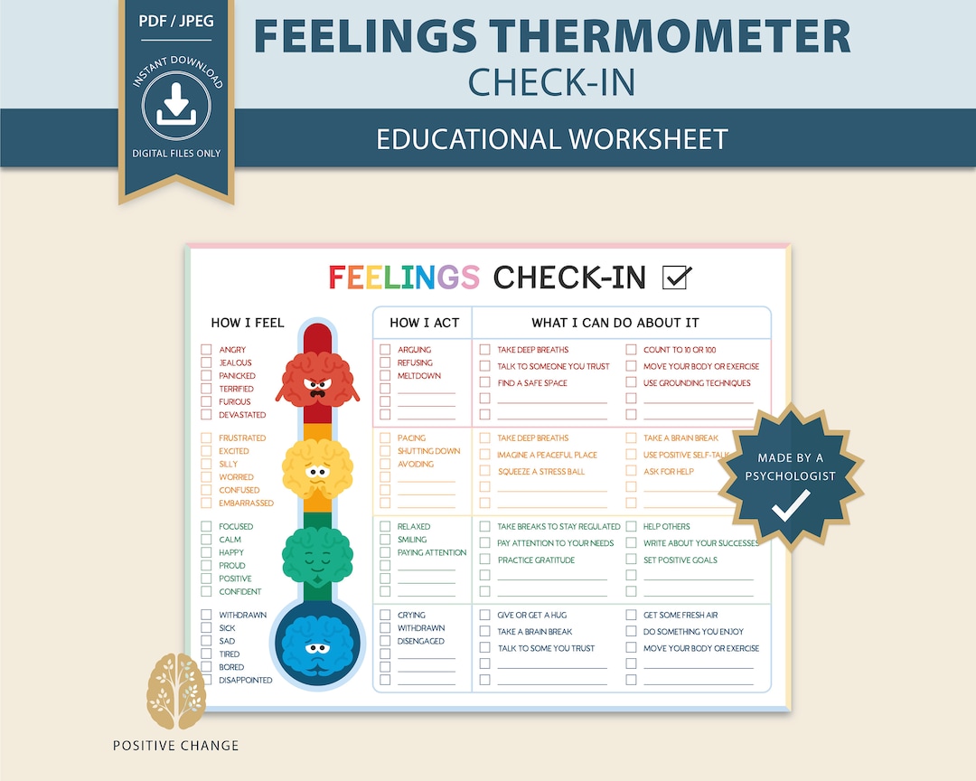 Feelings Thermometer With Coping Skills Check-in, Emotional Self ...