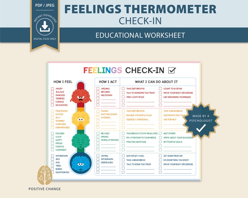 Feelings Thermometer With Coping Skills Check-in, Emotional Self ...