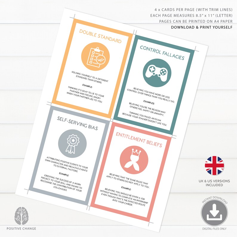 Cognitive Distortions Flash Cards, Unhelpful Thinking Cards, Thinking ...