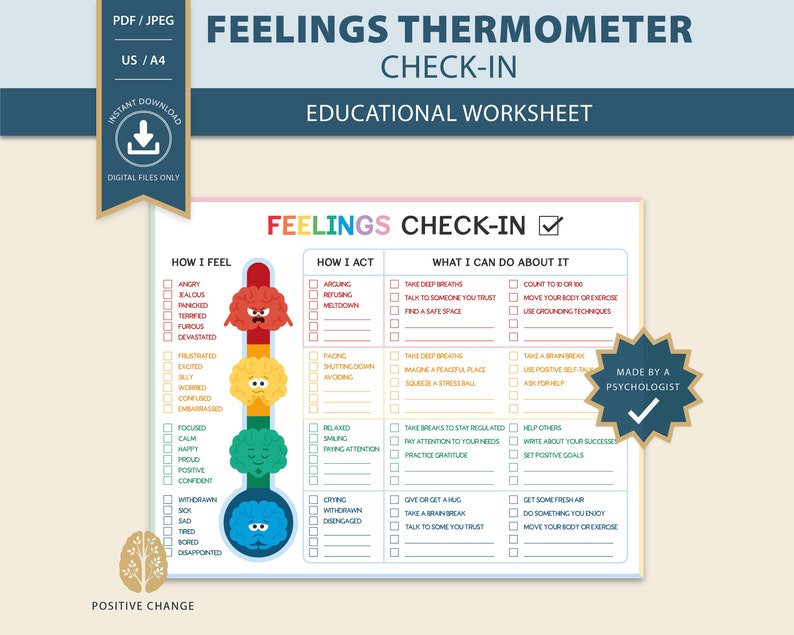 Feelings Thermometer With Coping Skills Check-in, Emotional Self ...