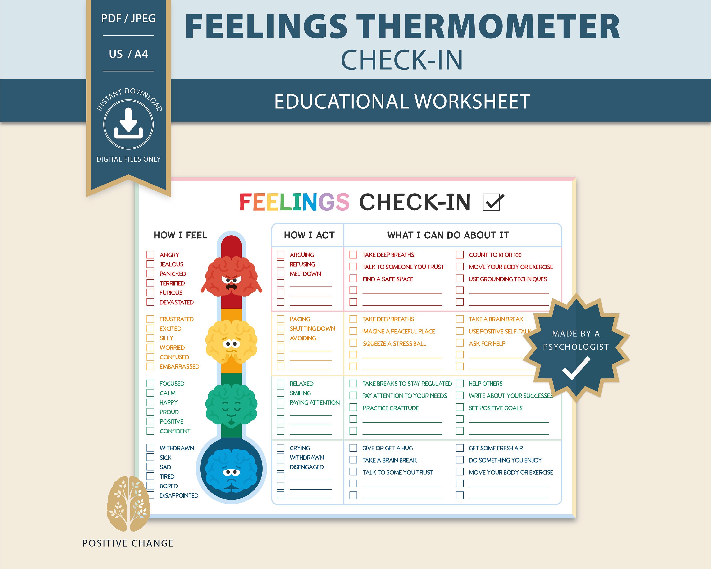 Feelings Thermometer With Coping Skills Check-in, Emotional Self ...