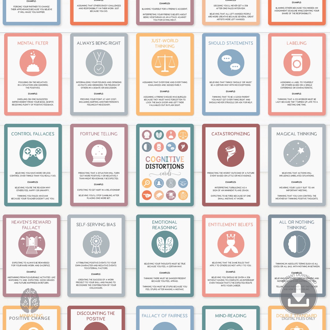 Cognitive Distortions Flash Cards, Unhelpful Thinking Cards, Thinking ...
