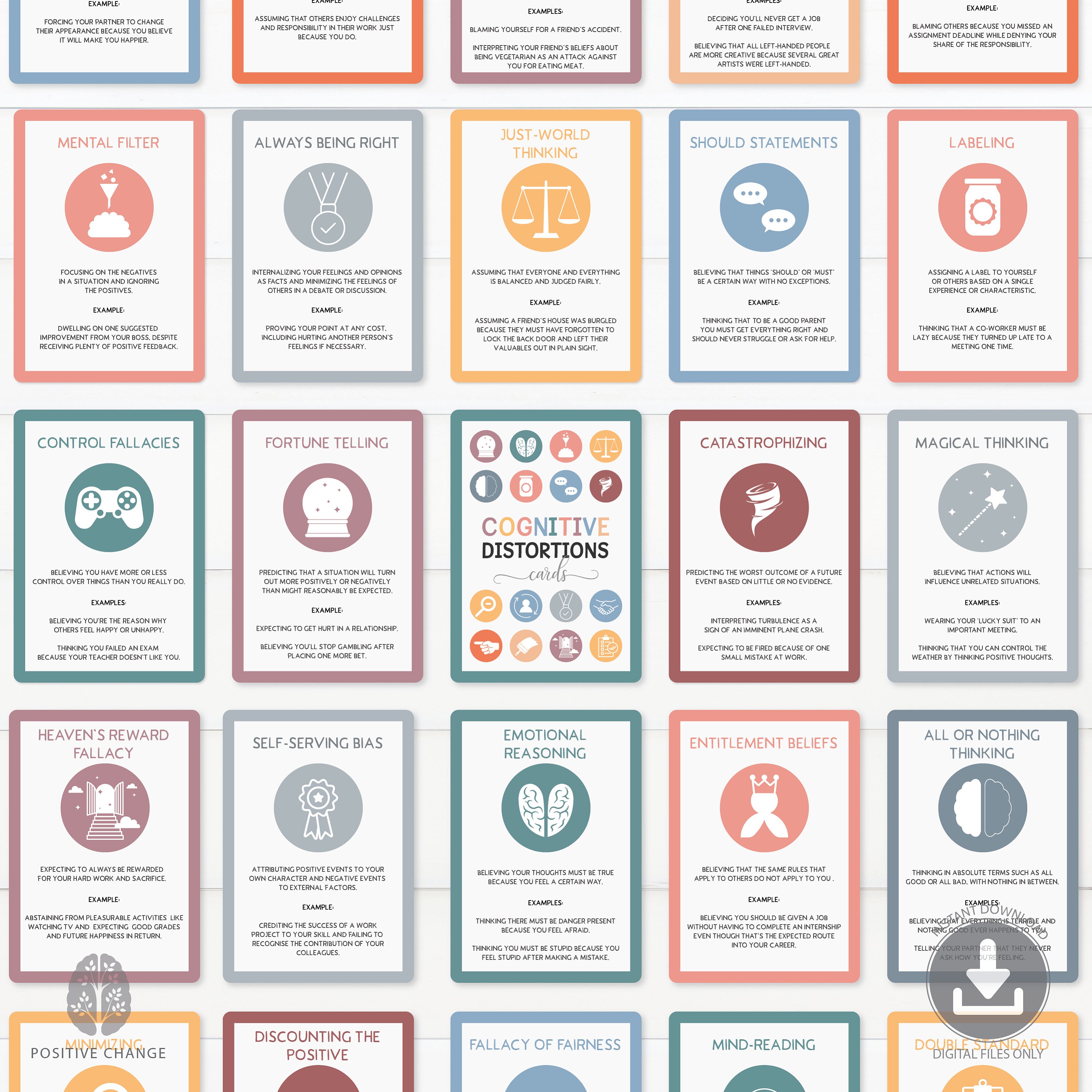 Cognitive Distortions Flash Cards, Unhelpful Thinking Cards, Thinking ...