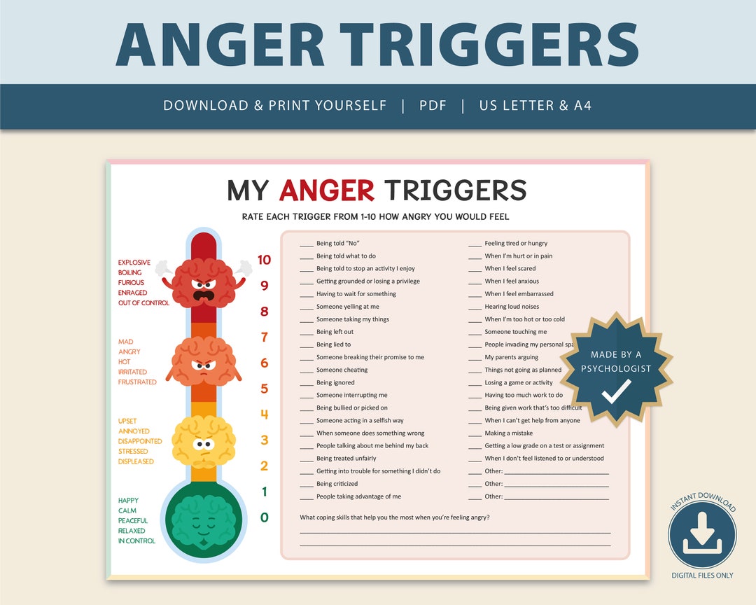 Anger Triggers Worksheet, Anger Thermometer, Emotional Self Regulation ...