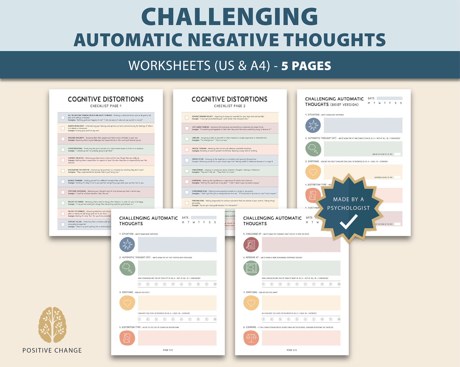 Challenge Automatic Negative Thoughts, Thinking Traps Worksheet, Cognitive Distortions, CBT ...