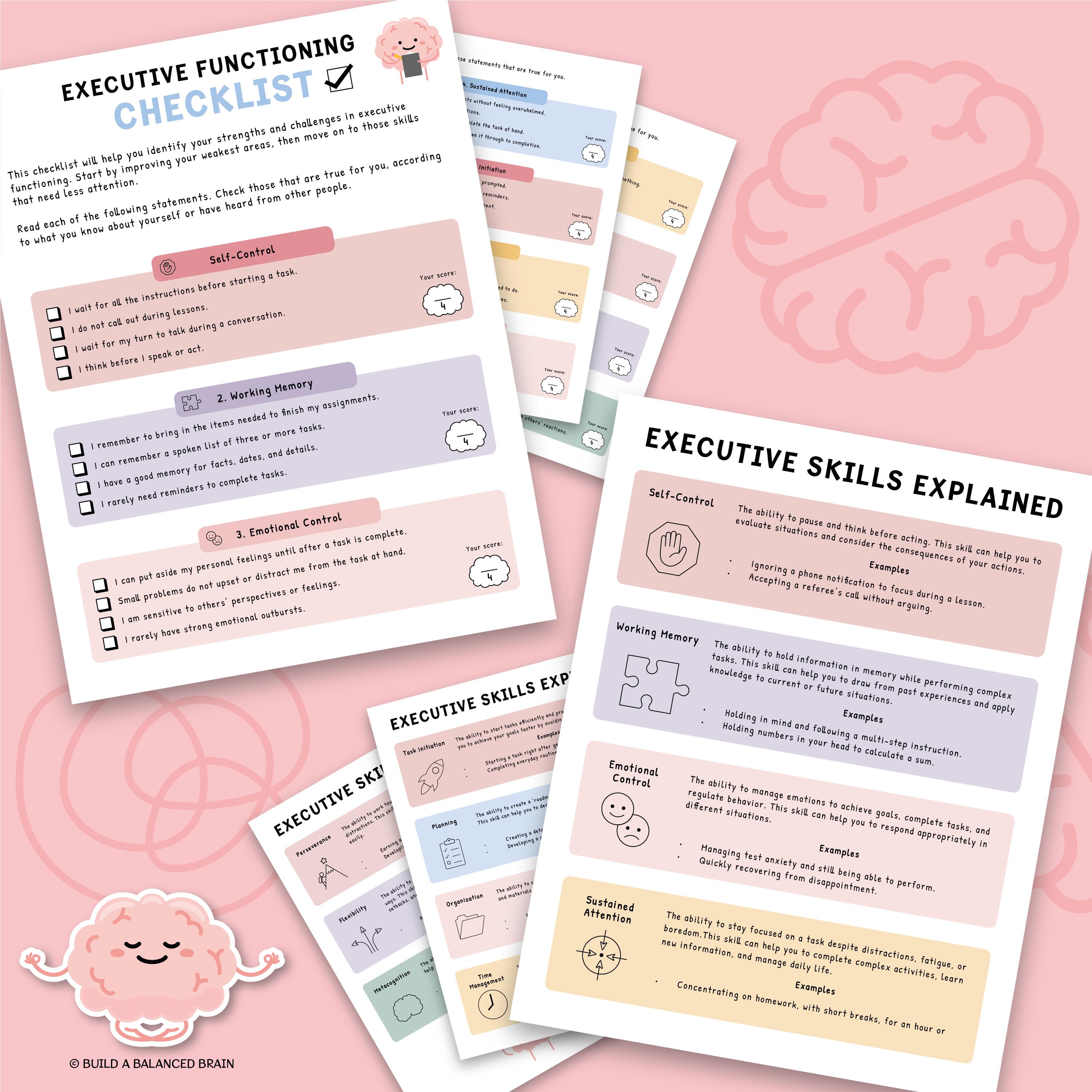Executive Functioning Skills Cheat Sheet, Executive Function Checklist, Reference Guide and Self ...
