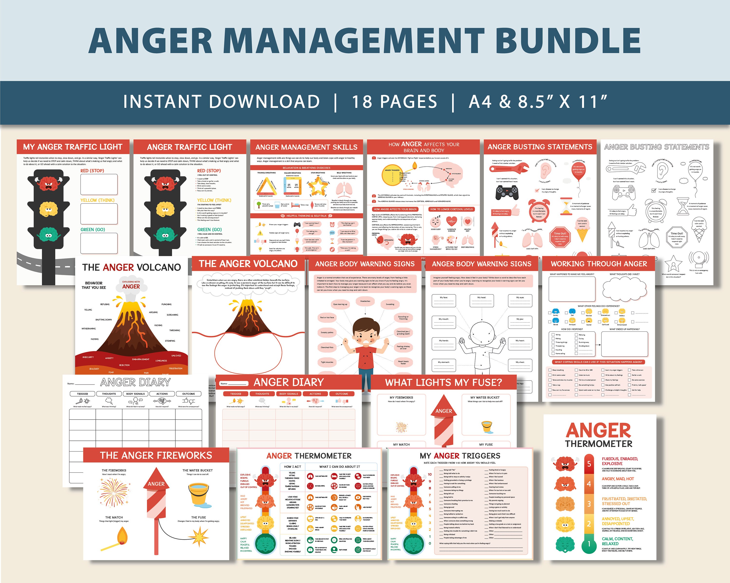 Anger Management 18 Printable Pages, Coping Skills Bundle, CBT ...