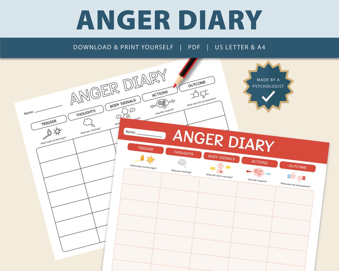Anger Diary Fillable Worksheet, Emotional Regulation, Anger Management ...