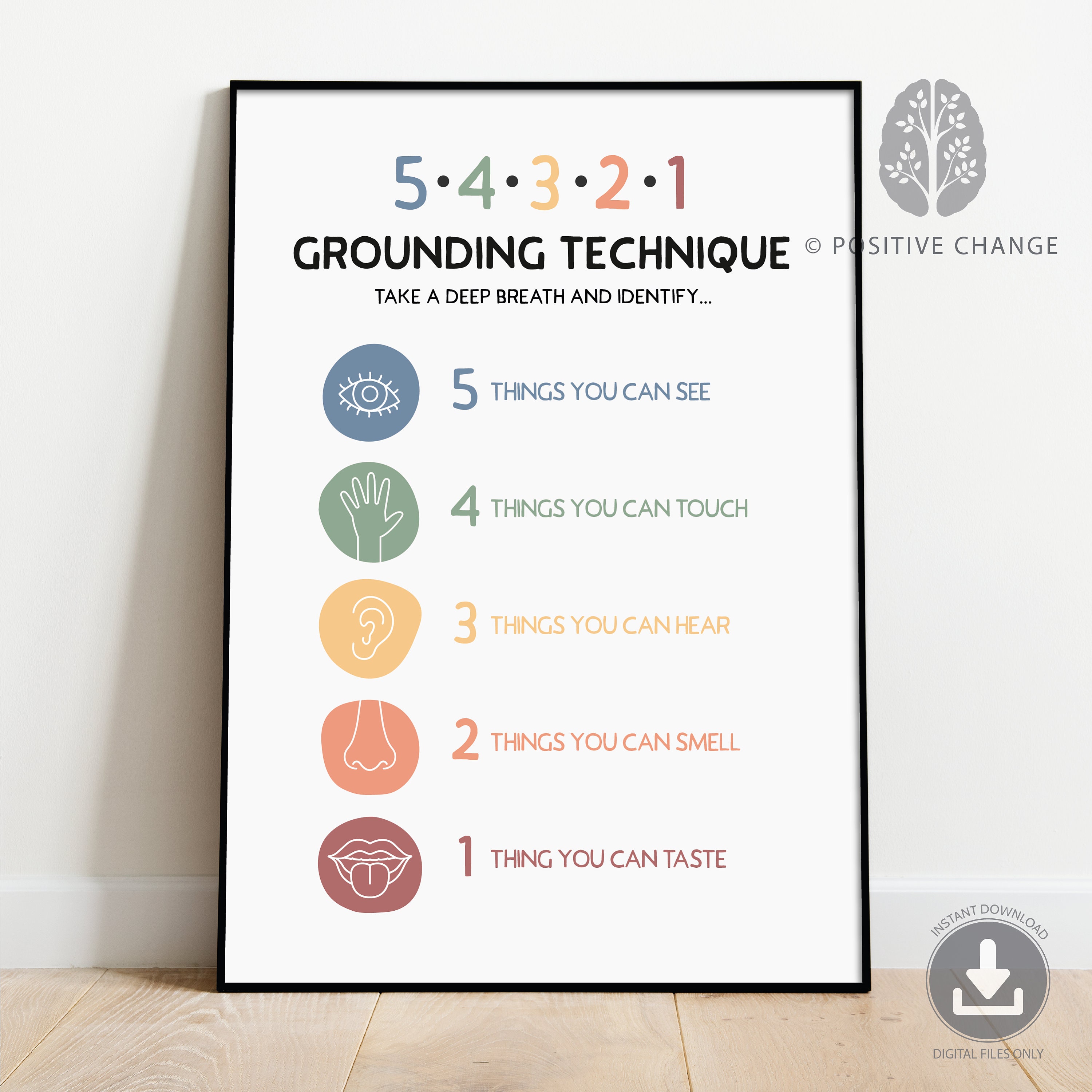 54321 Grounding Technique Print, Grounding Exercises, 5 Senses Mindfulness, Mental Health, CBT ...