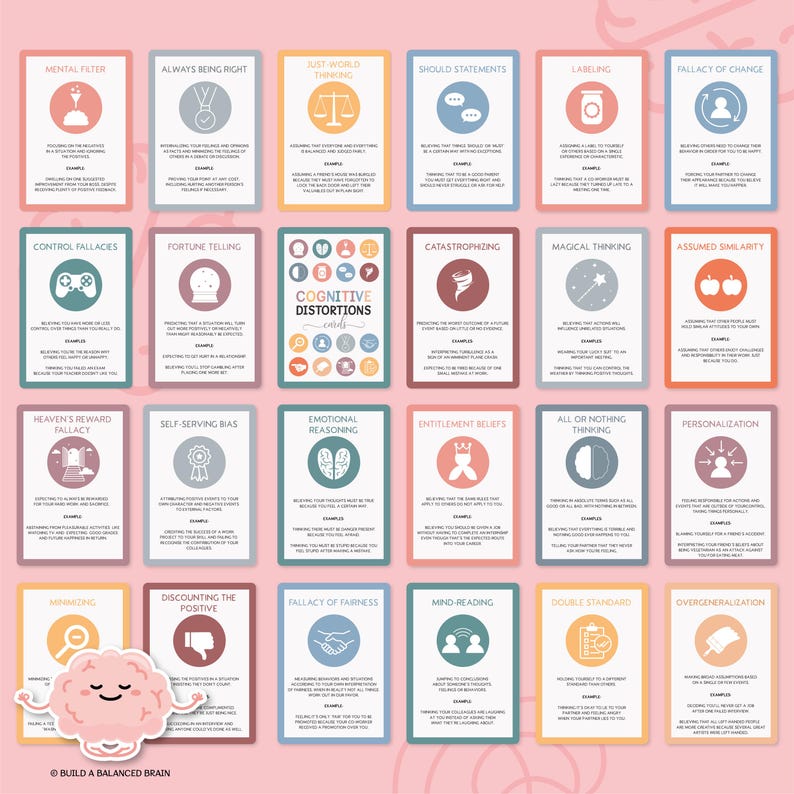 Cognitive Distortions Flash Cards, Unhelpful Thinking Cards, Thinking ...