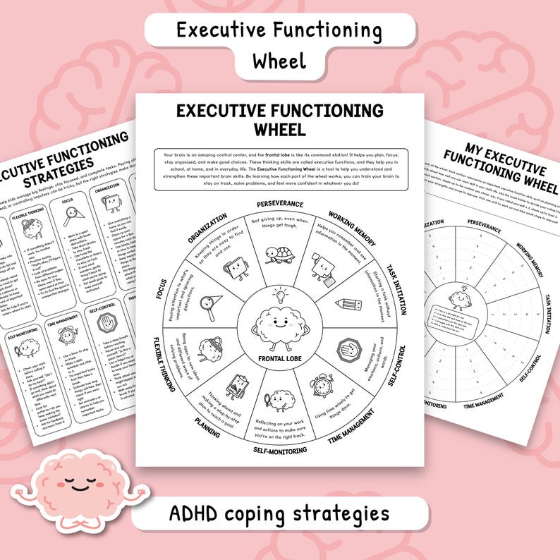 Executive Function Wheel for Kids, ADHD Cheat Sheet, Autism Coping Skills Worksheets, ASD ...