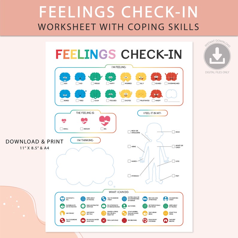 Feelings Check-in Worksheet With Coping Skills, Emotional Self ...