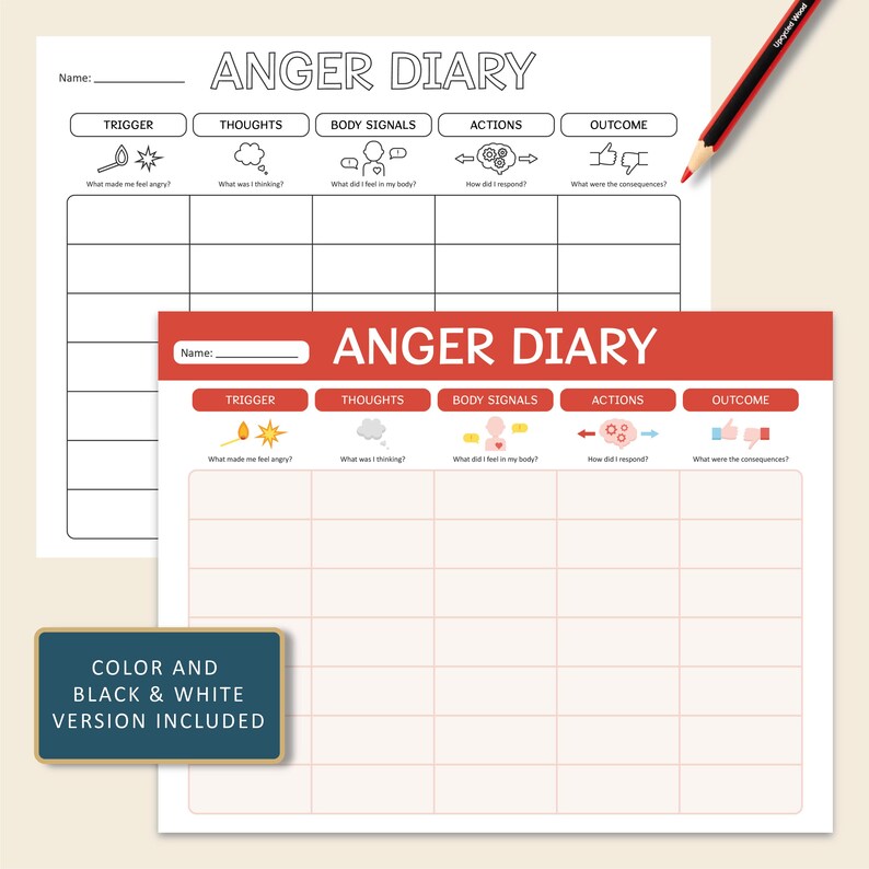 Anger Diary Fillable Worksheet, Emotional Regulation, Anger Management ...