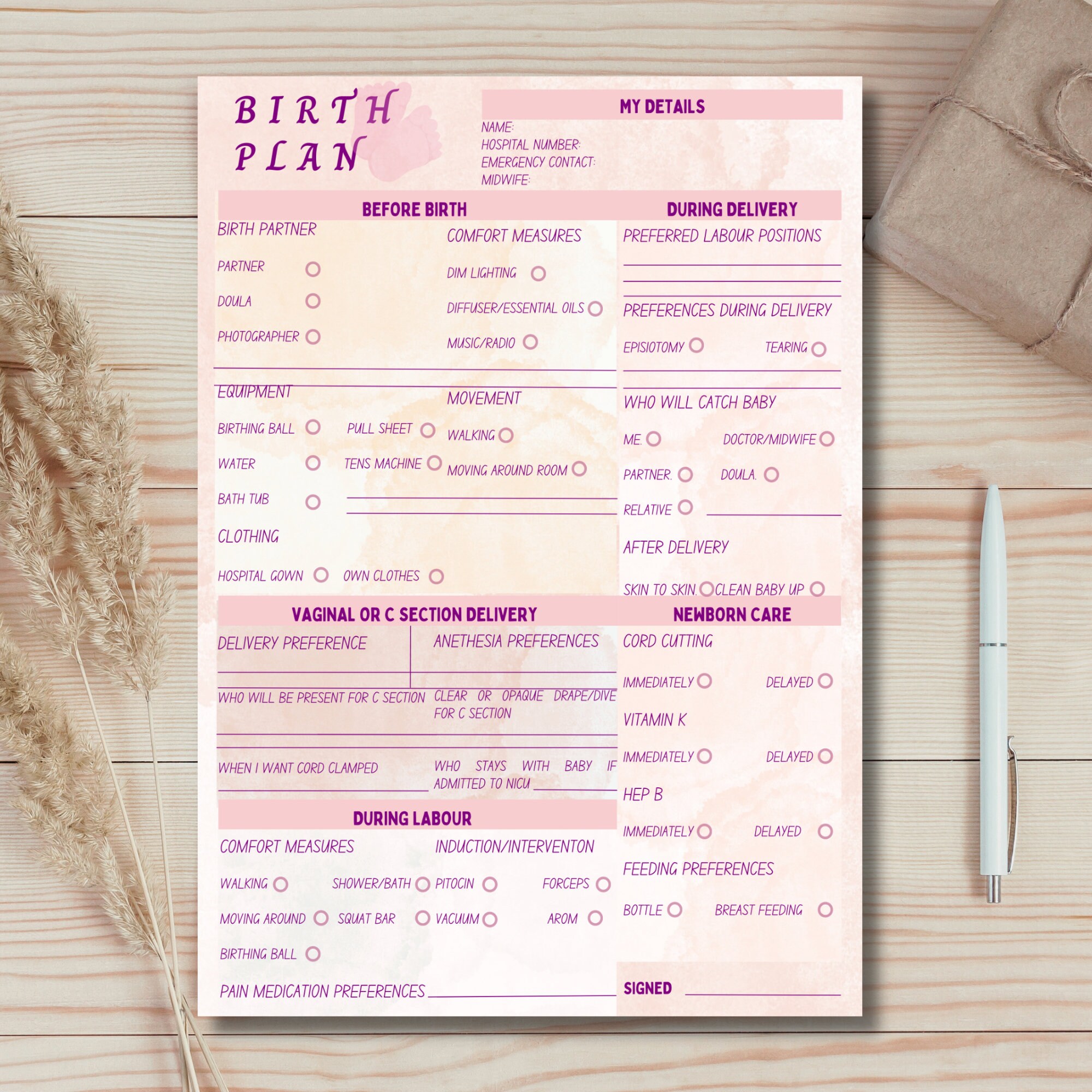 Editable Birth Plan Template, Printable Birthing Plan,labour and ...