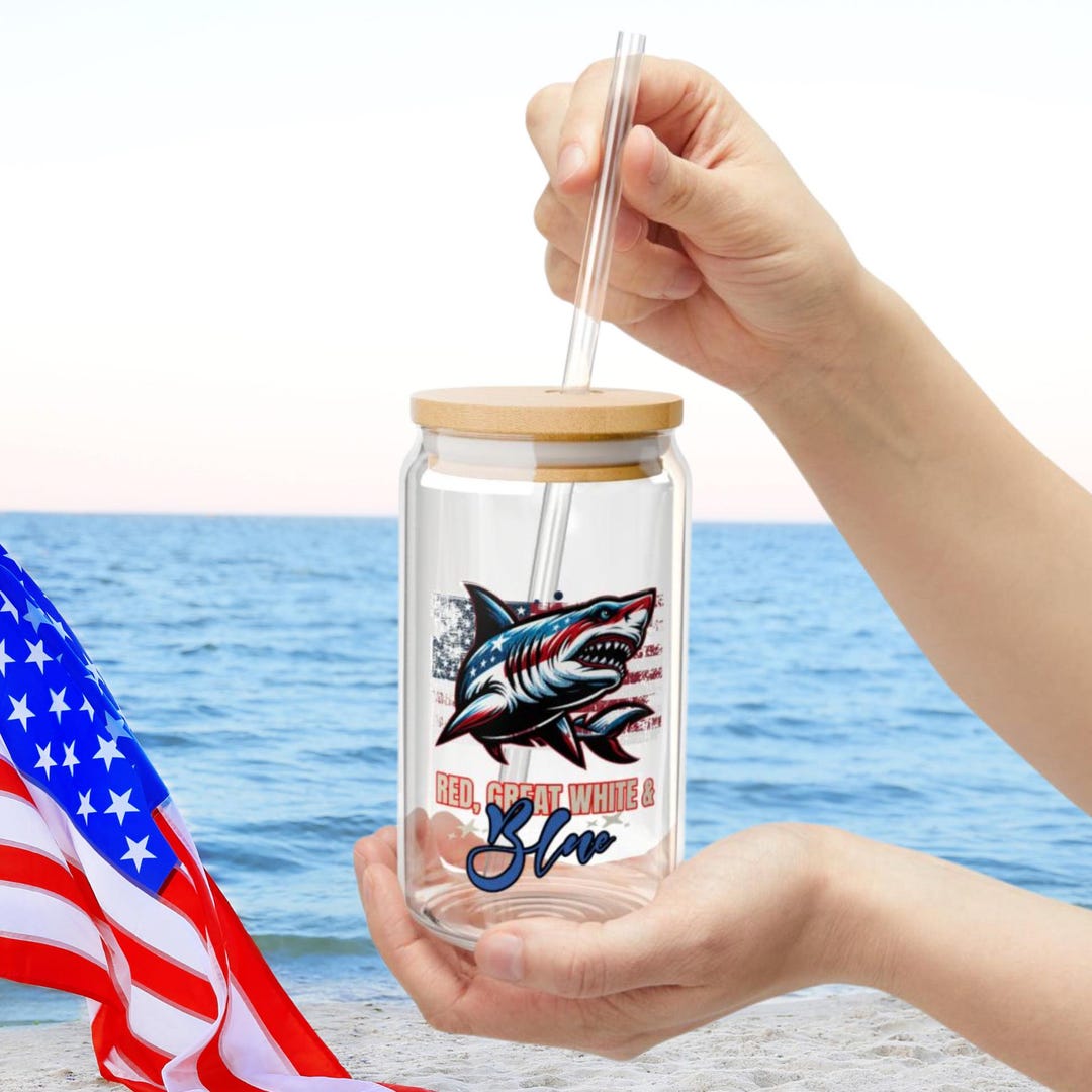 Patriotic Shark Sipper Glass: USA Red White & Blue 16oz - Etsy