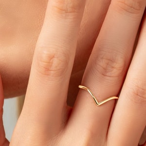V Ring 14K Solid Yellow Gold Stack Band Ring, 18K Gold Minimalist Ring ...