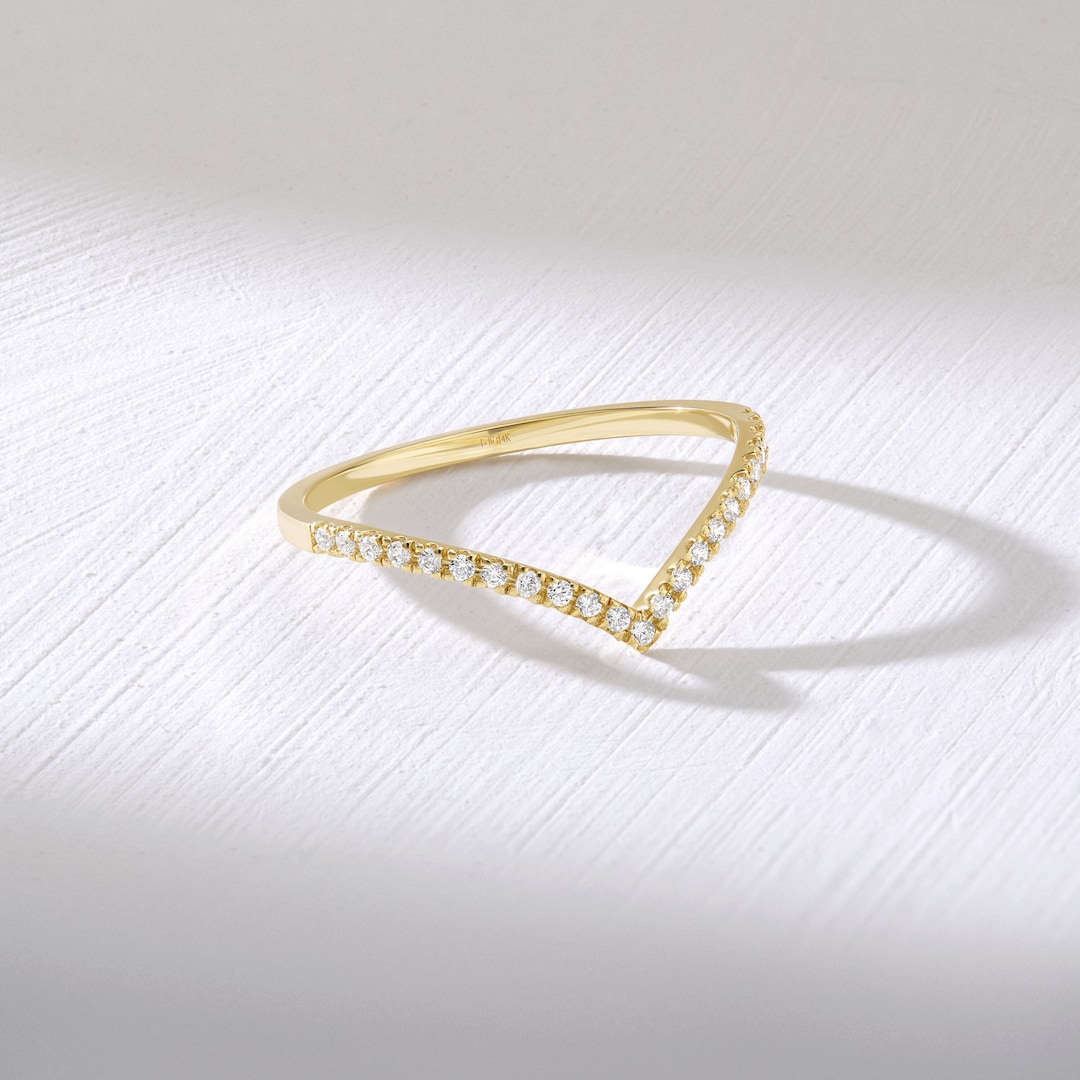 V Shaped Diamond Chevron Gold Ring, Shimmering Fortune Ring, Half ...