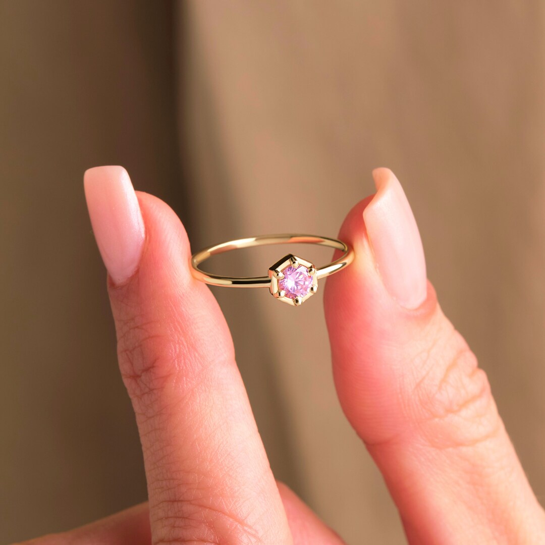 14K Rose Gold Hexagon Ring Solid Gold Pink Gemstone Ring Rose Solitaire ...