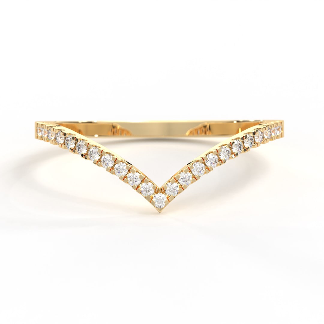 V Shaped Diamond Chevron Gold Ring, Shimmering Fortune Ring, Half ...