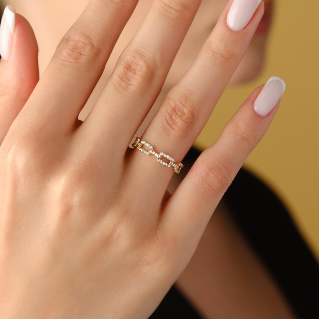 Pave Diamond Chain Ring 14K Real Gold Chain Link Ring Dainty Diamond ...