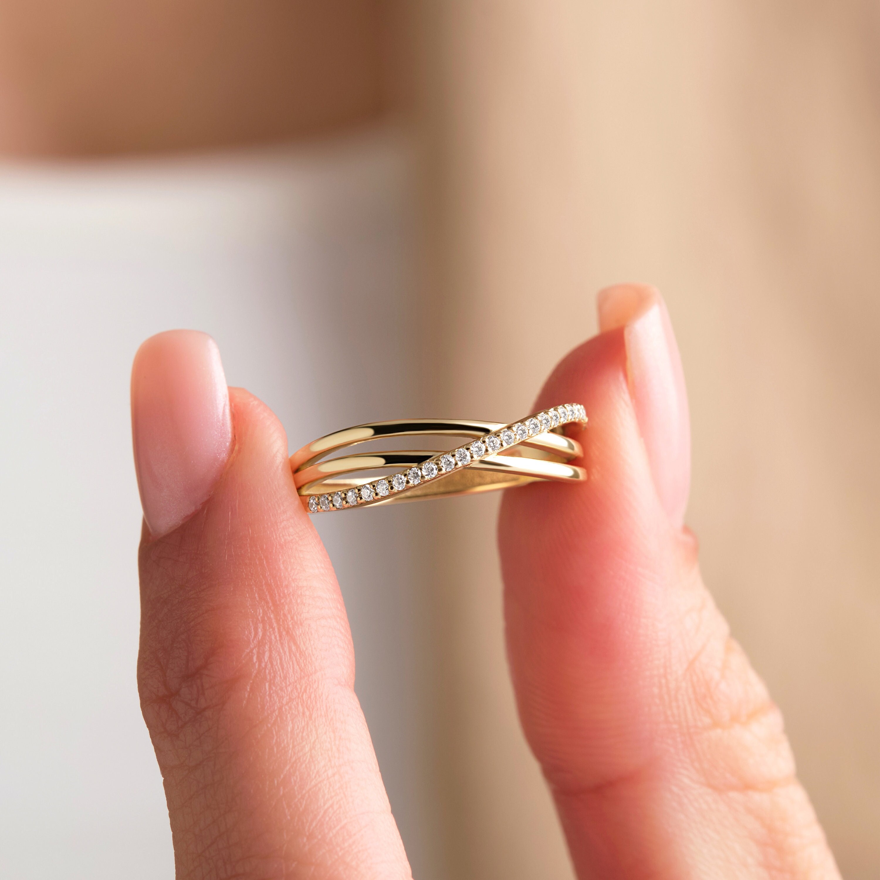 Crossover Triple Ring 14K Gold Pave Diamond Ring Gold Triple Stacking ...