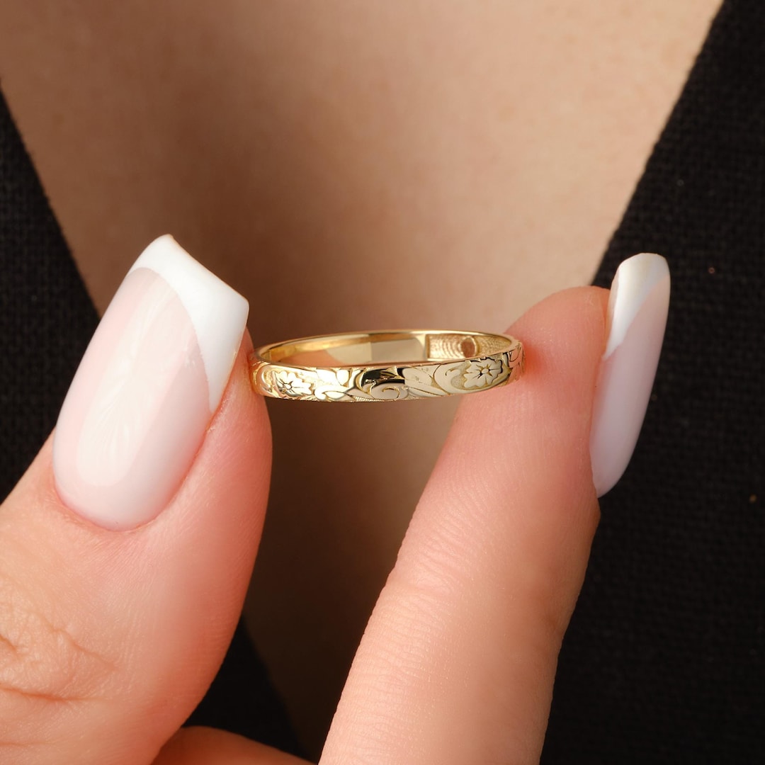 Solid Gold Band Floral Ring 14K Gold Pattern Ring Eternity Band Women Real Gold Band Flower Ring ...