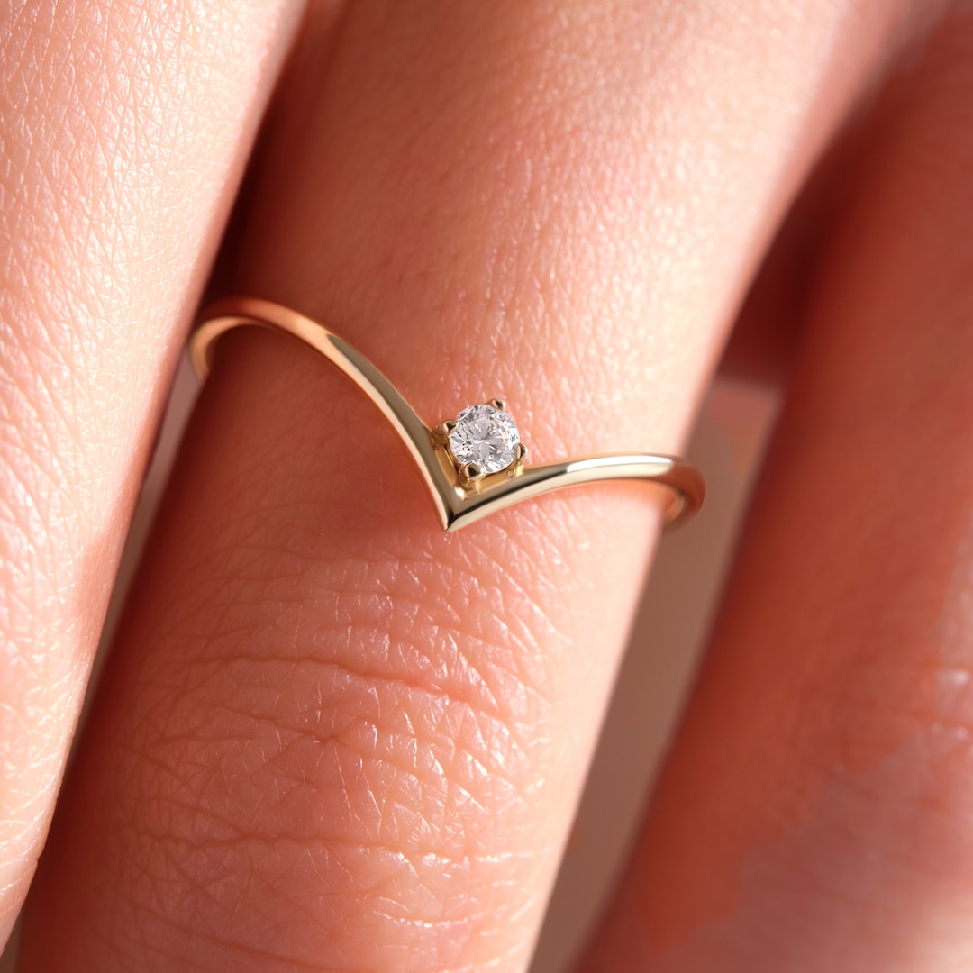 Solid Gold V Ring, Dainty Diamond Chevron Wedding Band, Wishbone Curved ...