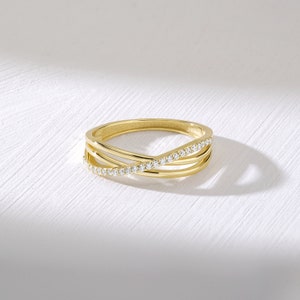 Crossover Triple Ring 14K Gold Pave Diamond Rolling Ring Gold Triple Stacking Ring Interlocking ...