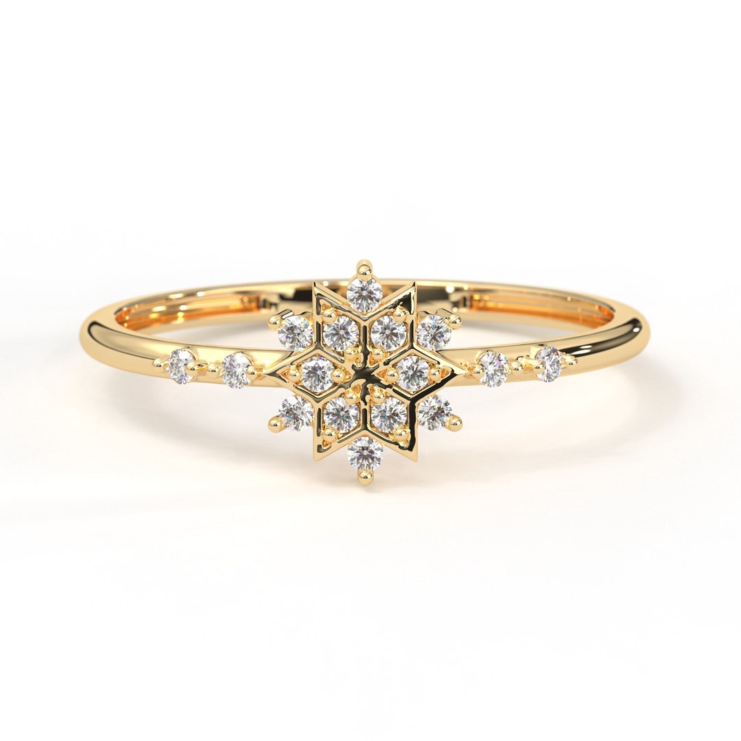 14K Solid Gold Snowflake Christmas Ring, Dainty Diamond Unique Artful ...