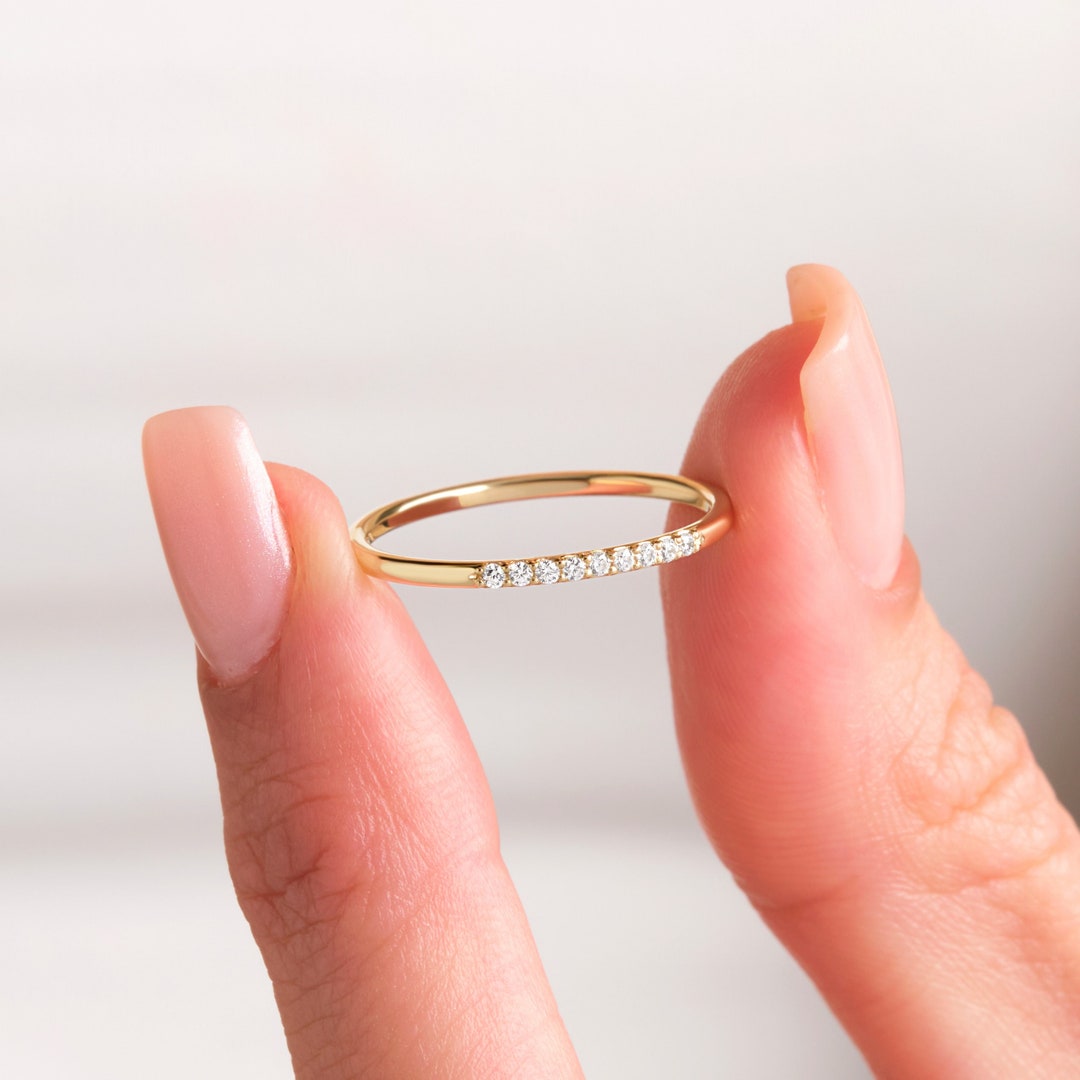14K Gold Stacking Diamond Ring - Real Gold Matching Wedding Ring, Delicate Stack Ring, CZ ...