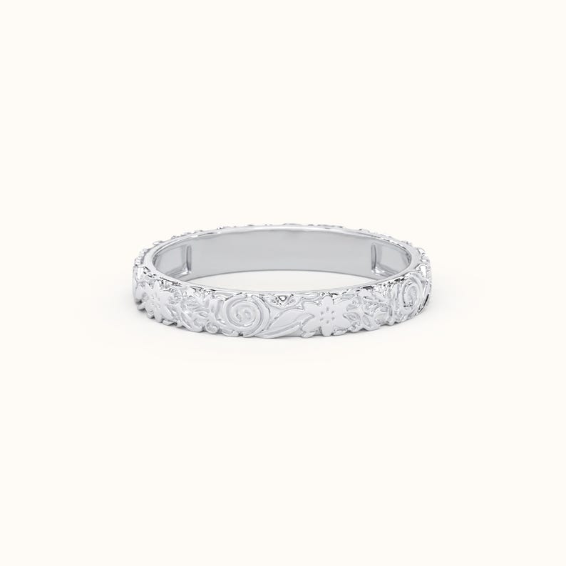 14K Gold Band Floral Pattern Ring - Solid Gold Womens Anniversary Band ...