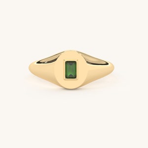 Baguette Emerald Signet Ring 14K Gold Emerald Baguette Diamond Ring Gold Custom Signet Ring ...