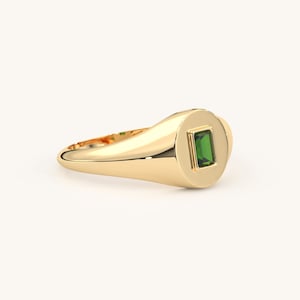 Baguette Emerald Signet Ring 14K Gold Emerald Baguette Diamond Ring Gold Custom Signet Ring ...