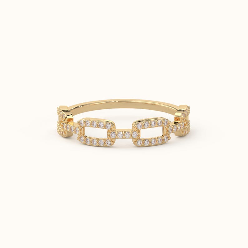 Pave Diamond Chain Ring 14K Real Gold Chain Link Ring Dainty Diamond ...
