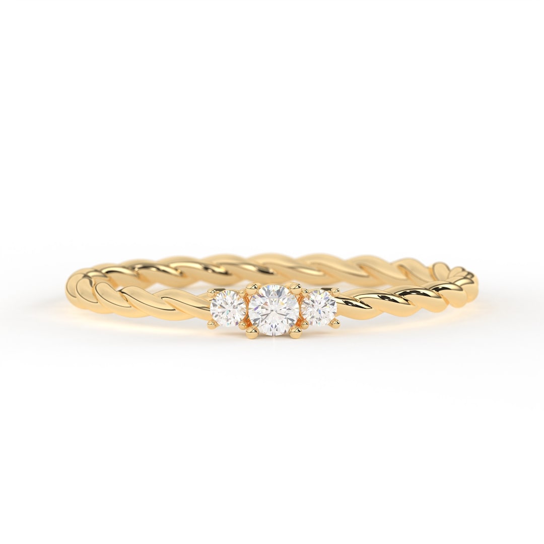 14K Solid Gold Twist Rope Ring With Three Stone, Braided Stacking Band ...