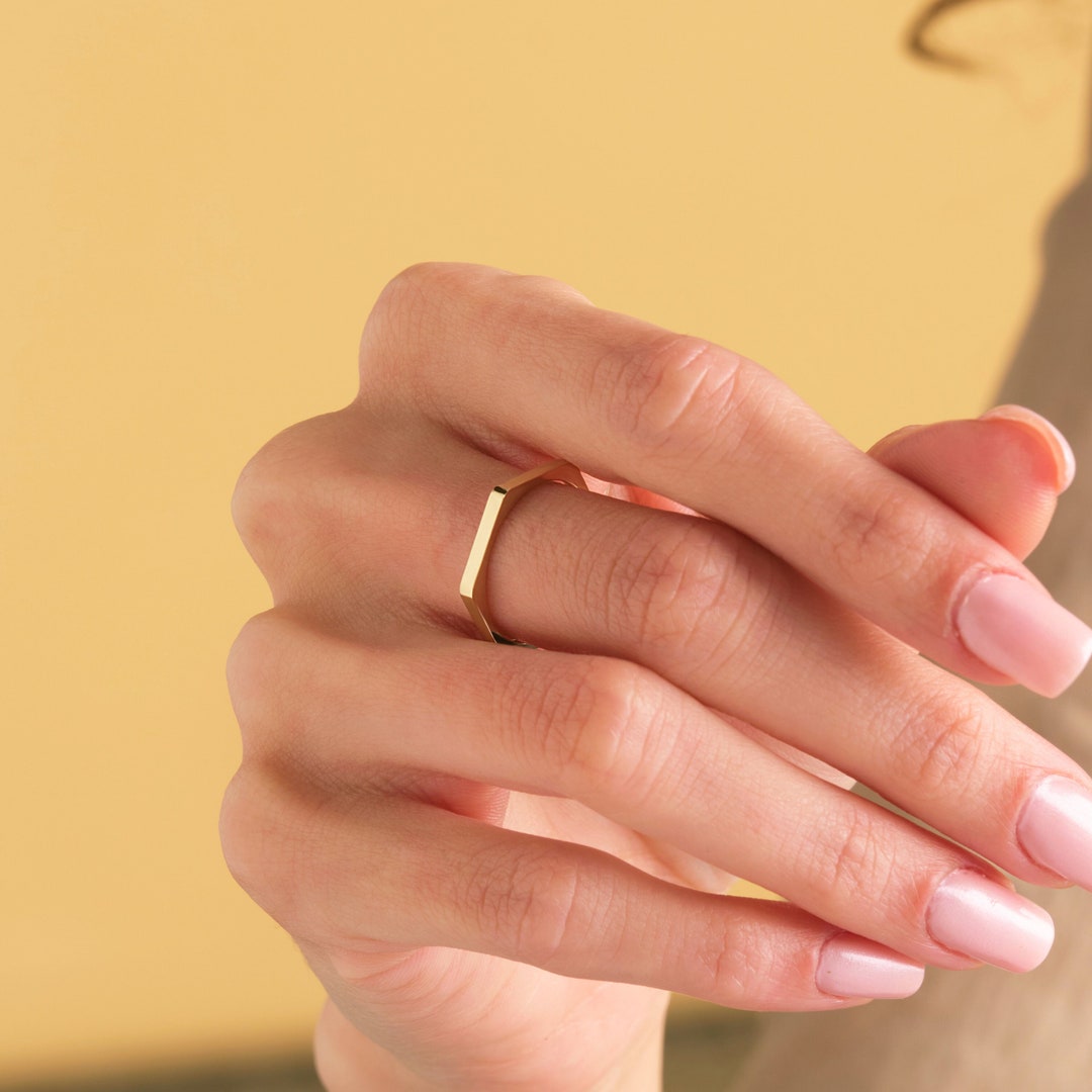 14K Solid Gold Hexagon Ring Real Gold Bolt Ring Minimalist Gold Band ...