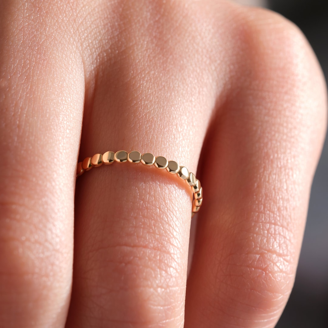 Solid Gold Bead Flat Circle Wedding Band, 10K 14K 18K Minimal Dainty Dotted Everyday Ring, Tiny ...