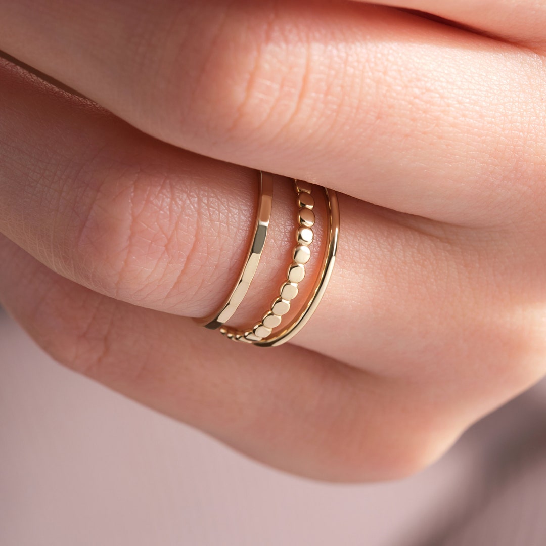 14K Solid Gold Ring Set Stacking Minimalist Three Ring Set, Gold Bead ...
