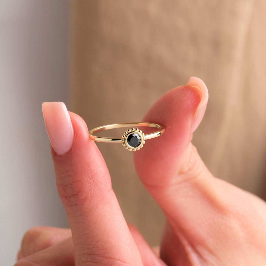 Black Stone Ring 14K Gold Solitaire Diamond Ring Solid Gold Diamond ...