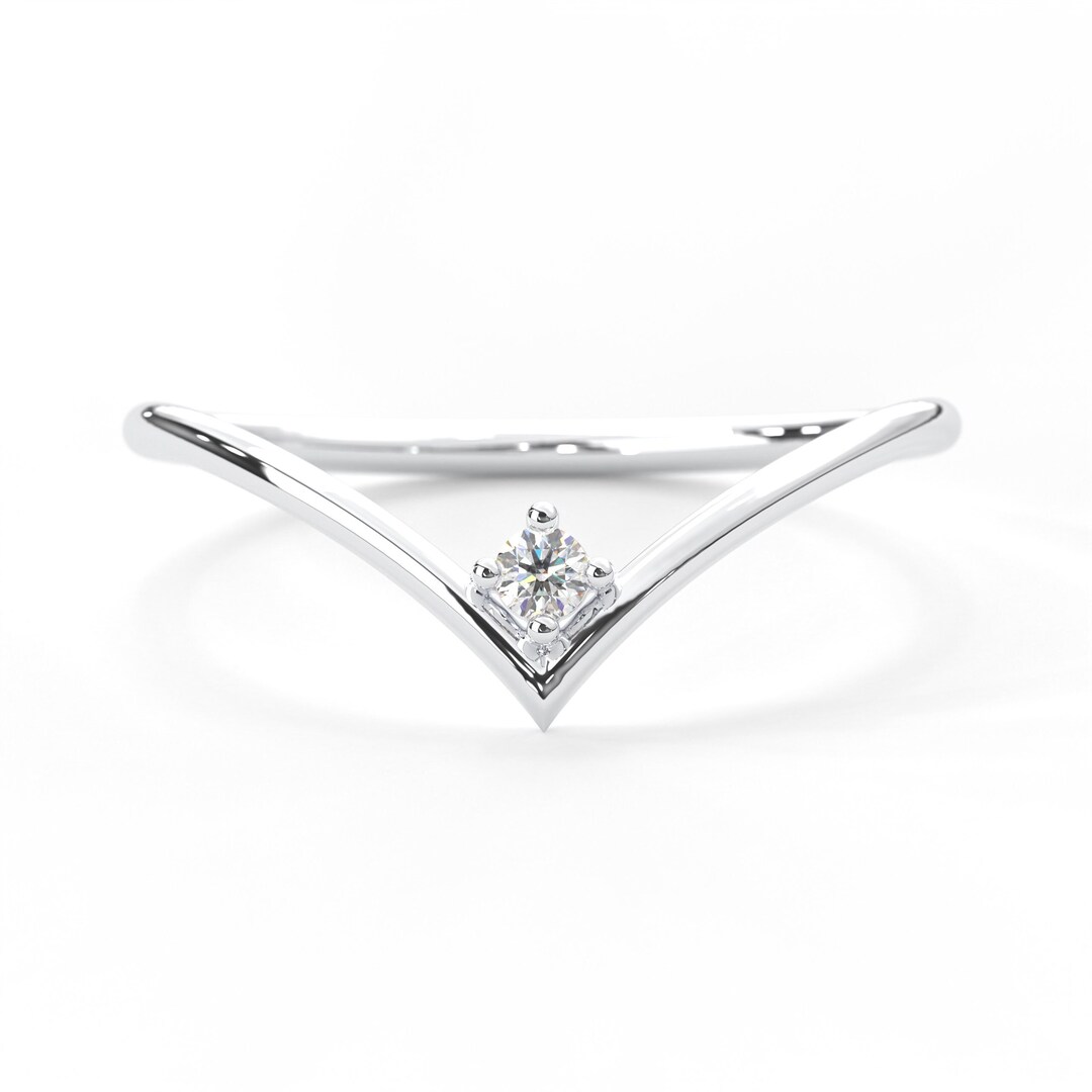 White Gold V Ring, Dainty Diamond Chevron Wedding Band, Wishbone Curved ...